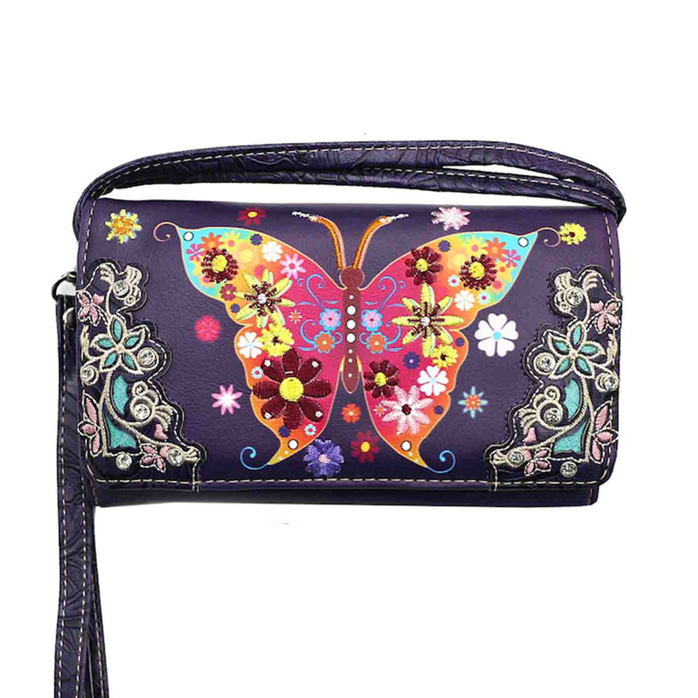 Multi Functional Butterfly Embroidery Trifold Clutch Crossbody Wallet ...