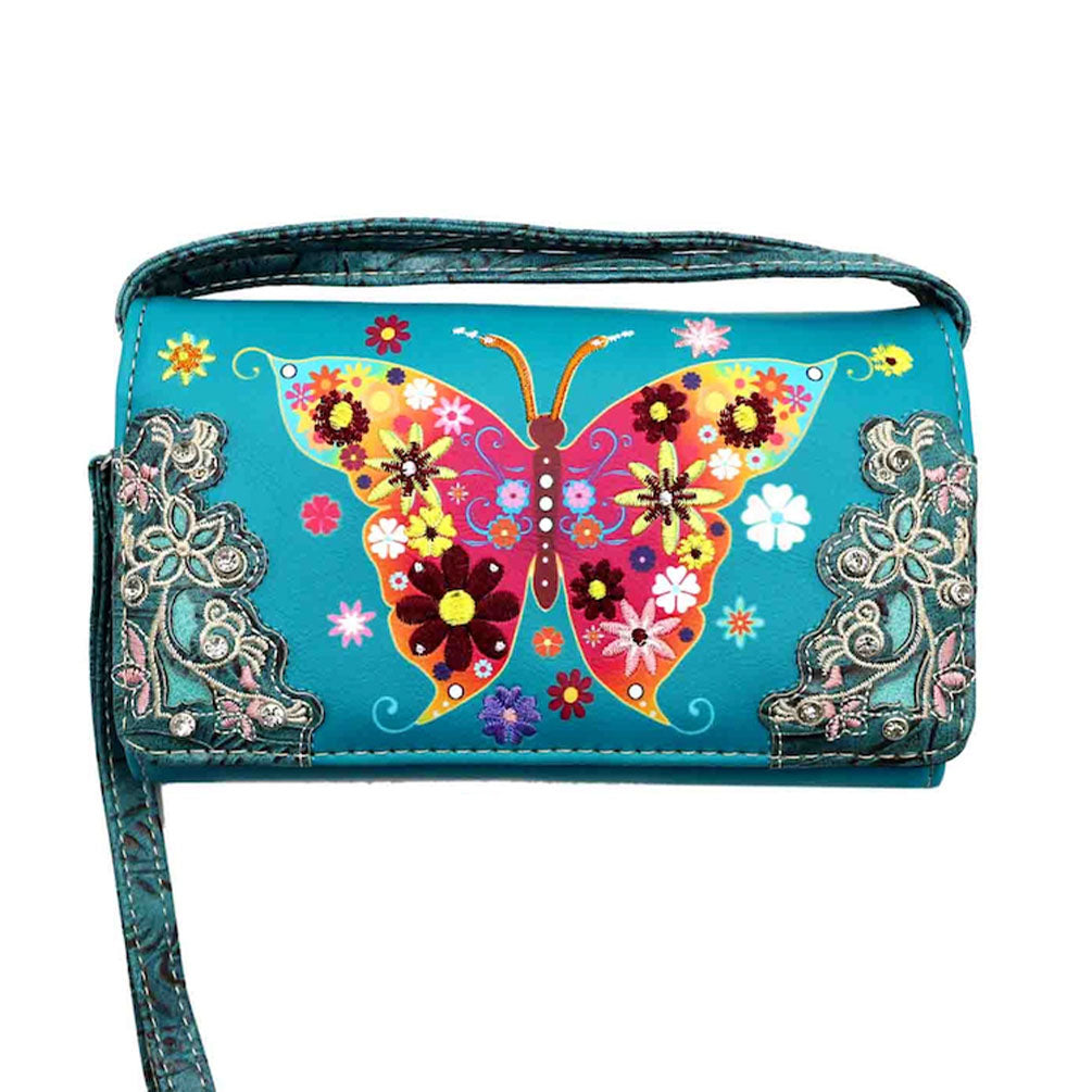 Multi Functional Butterfly Embroidery Trifold Clutch Crossbody Wallet ...