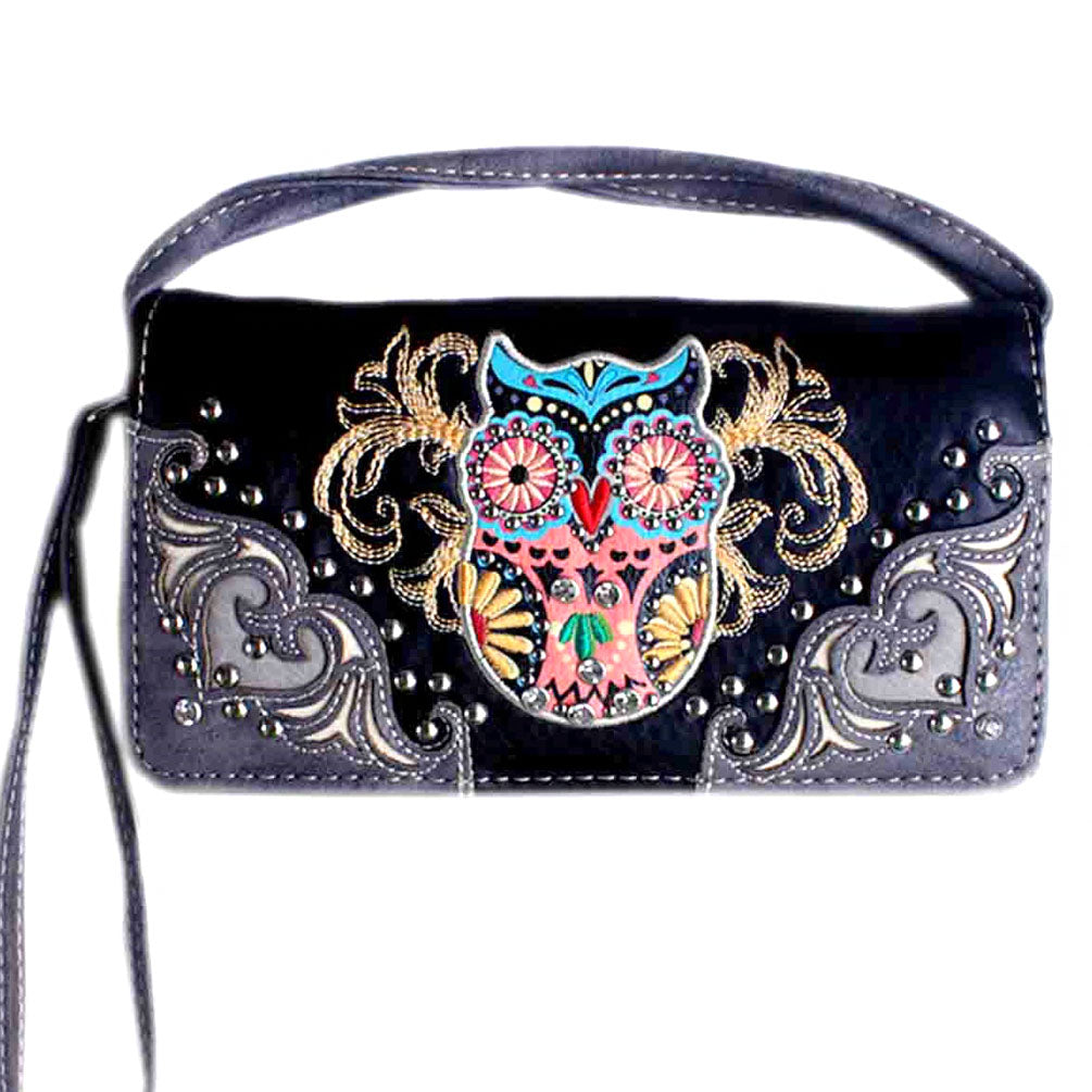 Multi Functional Western Owl Embroidery Trifold Clutch Crossbody Walle ...