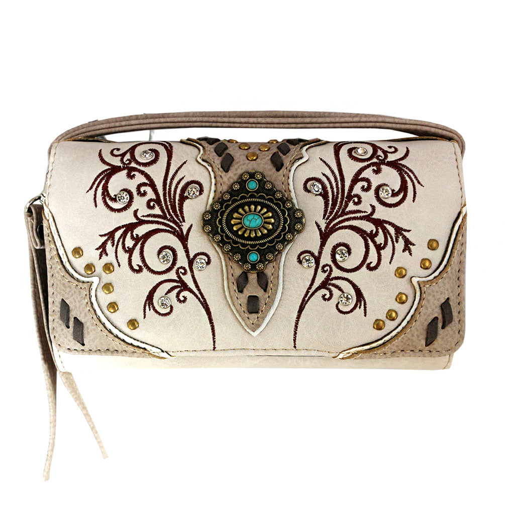 Multi Functional Western Concho Floral Embroidery Trifold Clutch Cross ...