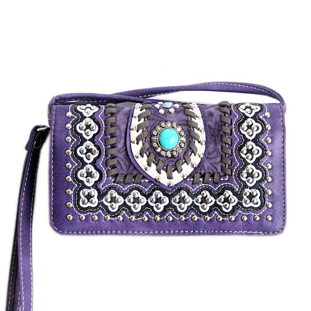 Multi Functional Western Concho Embroidery Trifold Clutch Crossbody Wa ...