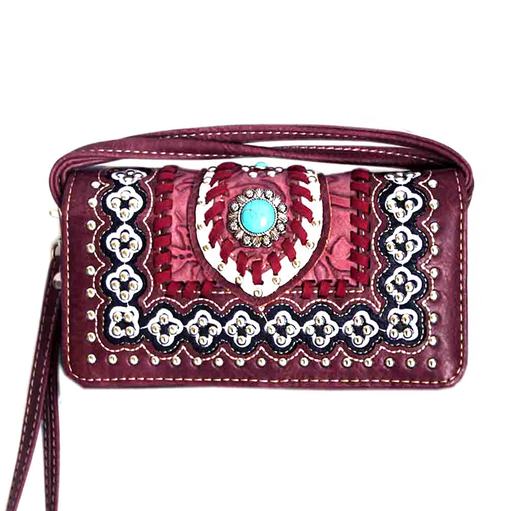 Multi Functional Western Concho Embroidery Trifold Clutch Crossbody Wa ...