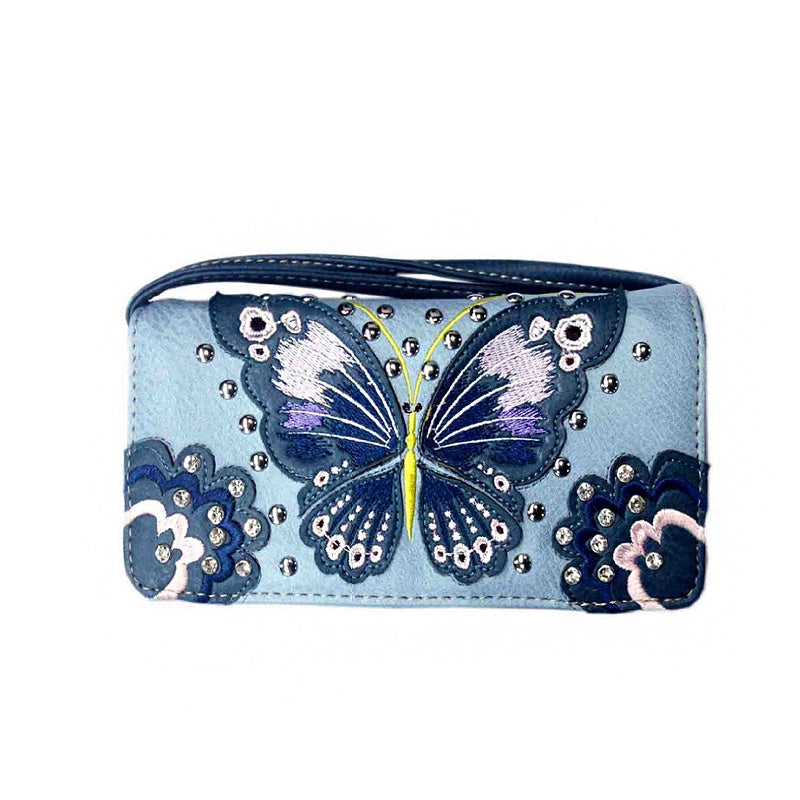 Multi Functional Butterfly Embroidery Trifold Clutch Crossbody Wallet ...