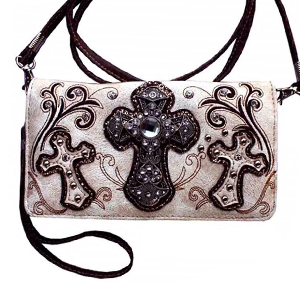 Multi Functional Cross Embroidery Trifold Clutch Crossbody Wallet ...