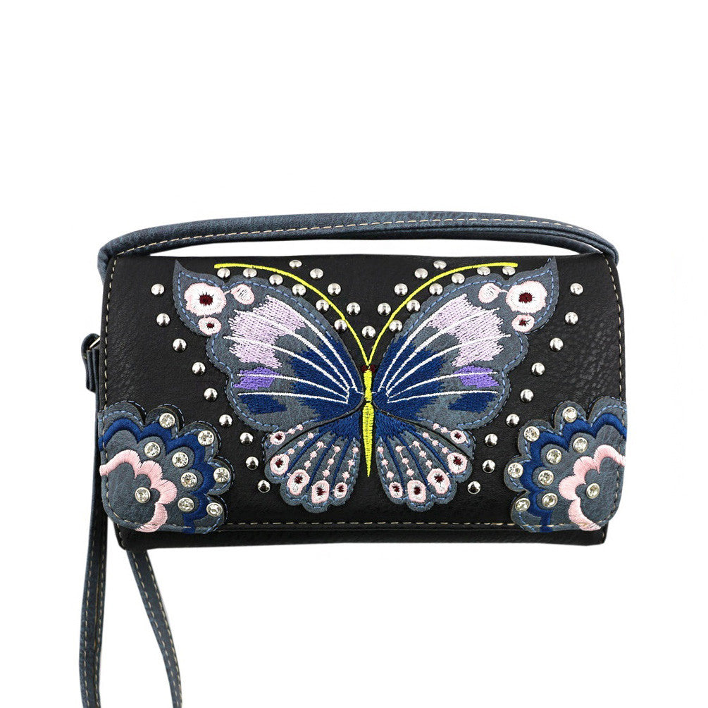 Multi Functional Butterfly Embroidery Trifold Clutch Crossbody Wallet ...