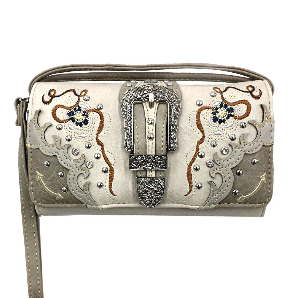 Multi Functional Western Buckle Floral Embroidery Trifold Clutch Cross ...