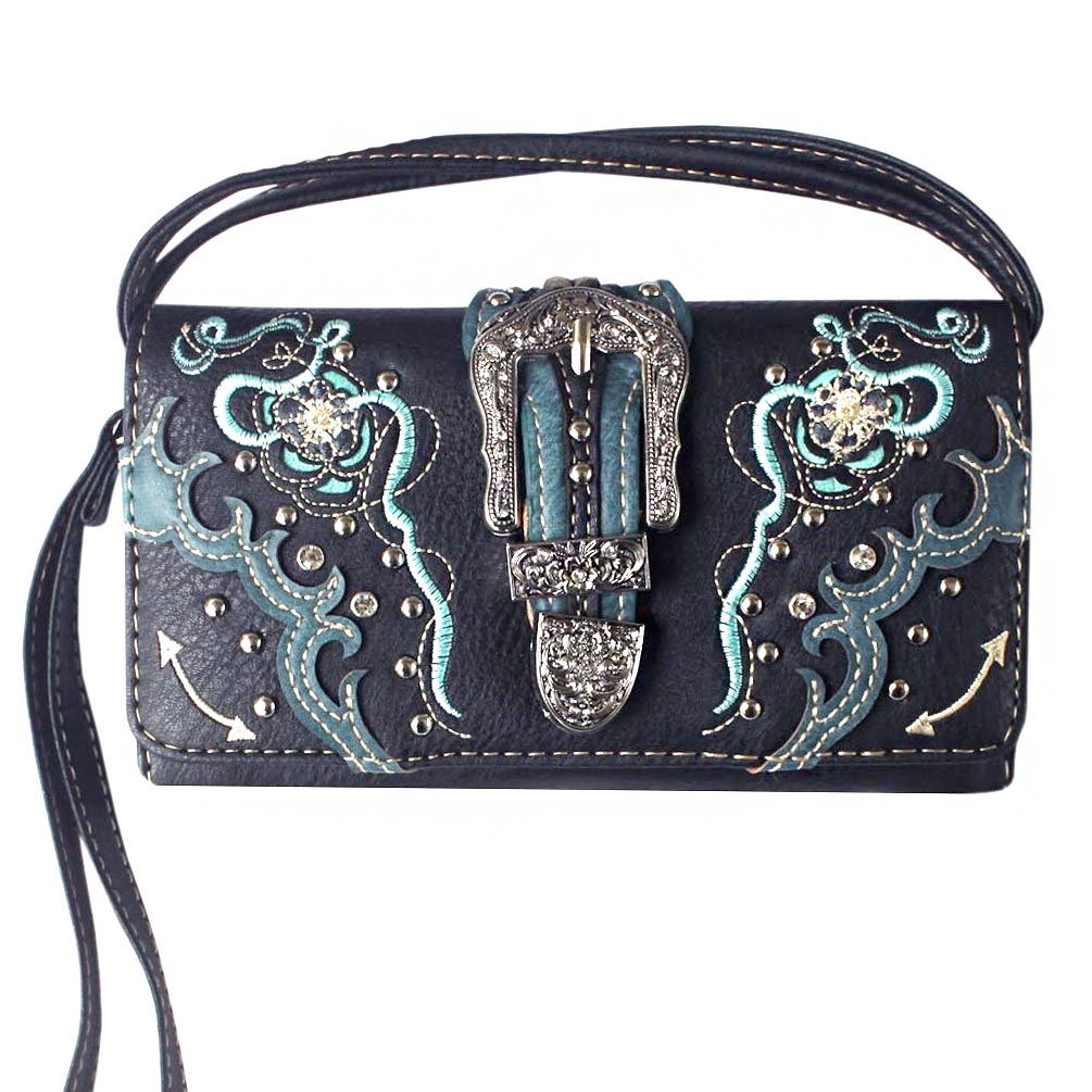 Multi Functional Western Buckle Floral Embroidery Trifold Clutch Cross ...